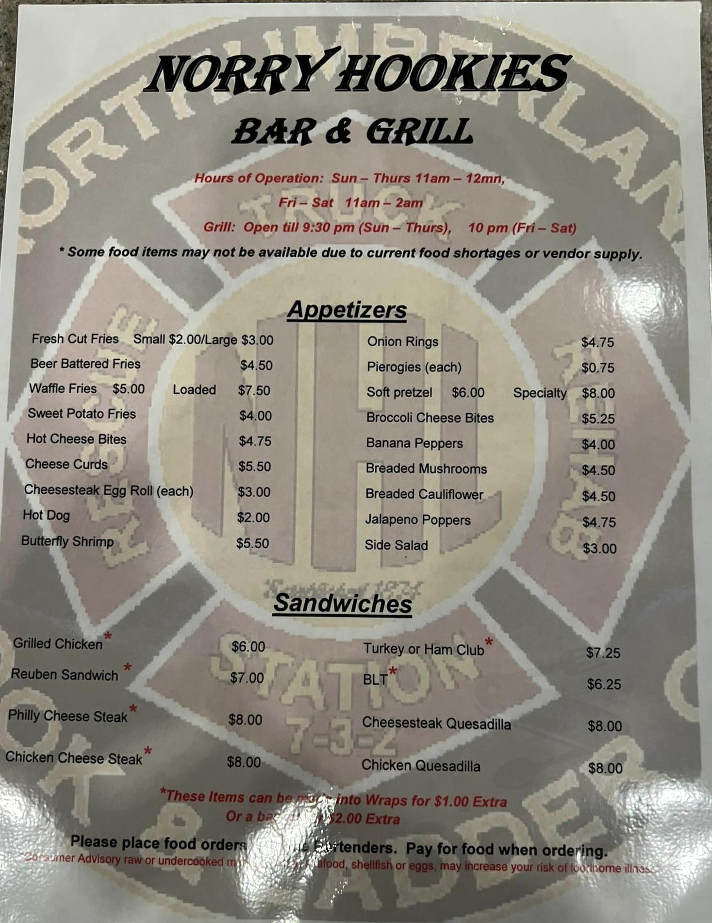 Norry Hookies menu in Northumberland, Pennsylvania, USA