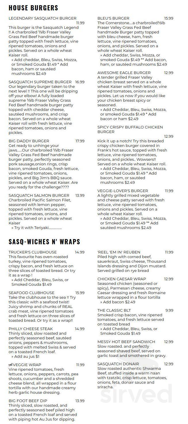 Sasquatch Inn menu in Harrison Mills, British Columbia, Canada