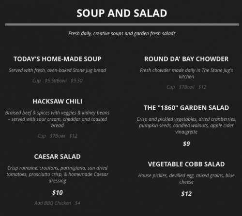 Stone Jug menu in Carbonear, Newfoundland and Labrador, Canada