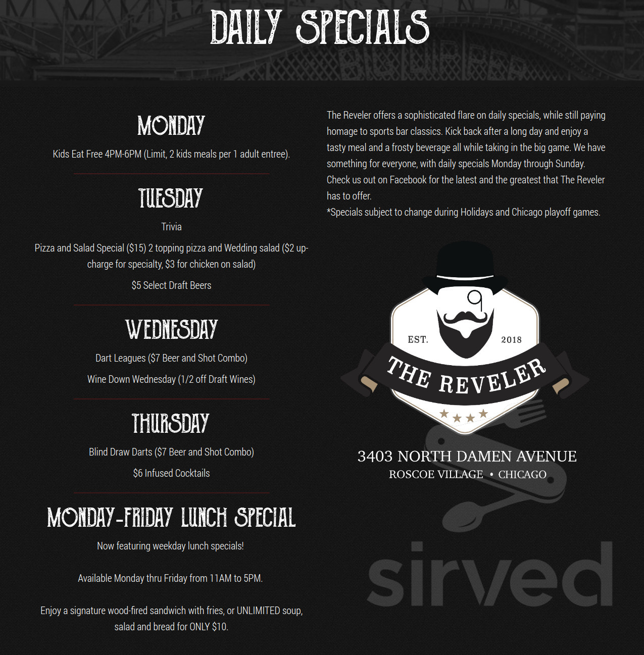 The Reveler menu in Chicago, Illinois, USA