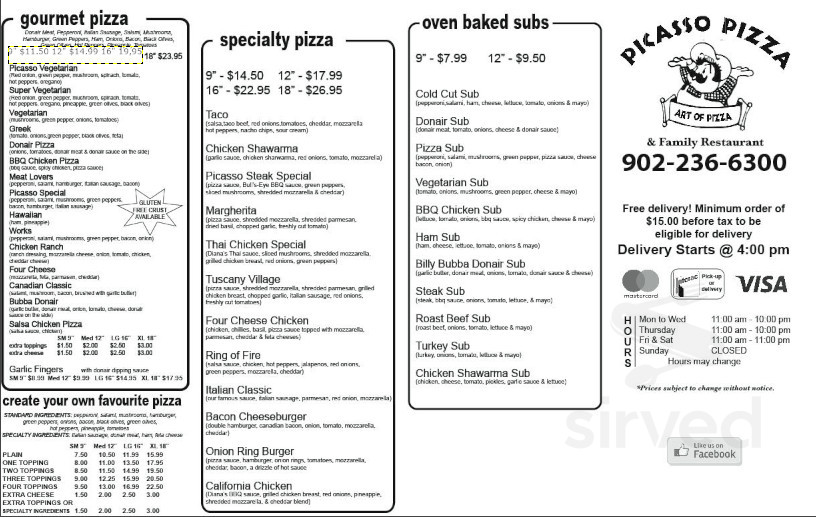Picasso Pizza Milford menus in Milford, Nova Scotia, Canada