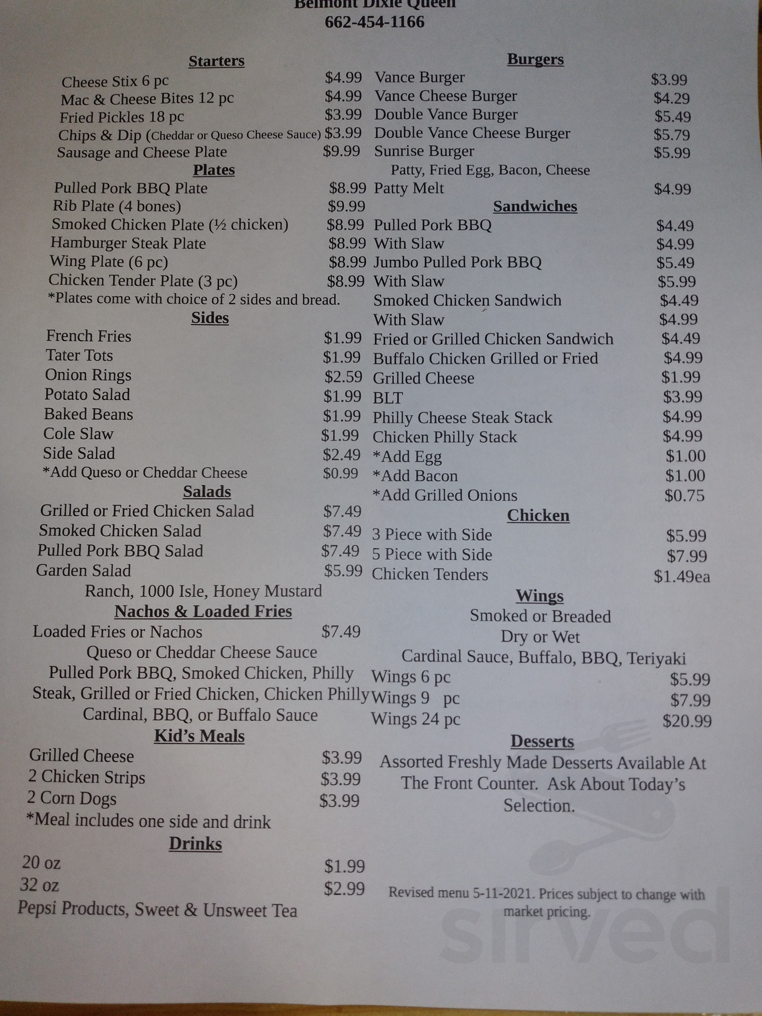Menu for Cole's Smokehouse in Belmont, MS | Sirved