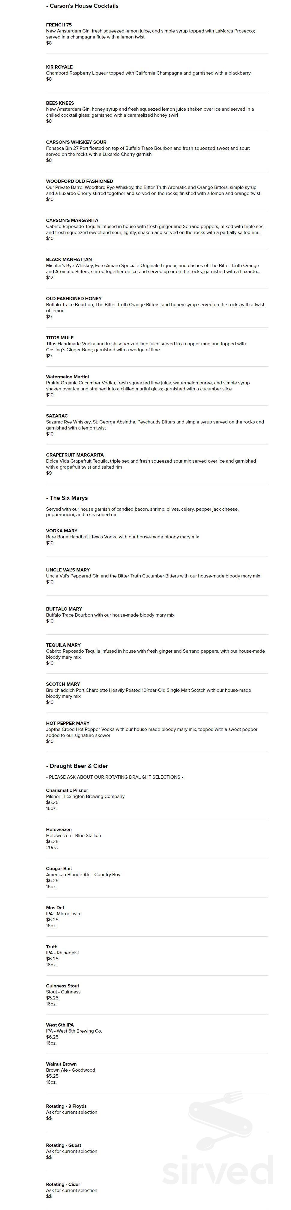 Carson's Food & Drink menu in Lexington, Kentucky, USA