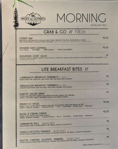 Moe's on Olympic menu in Arlington, Washington, USA