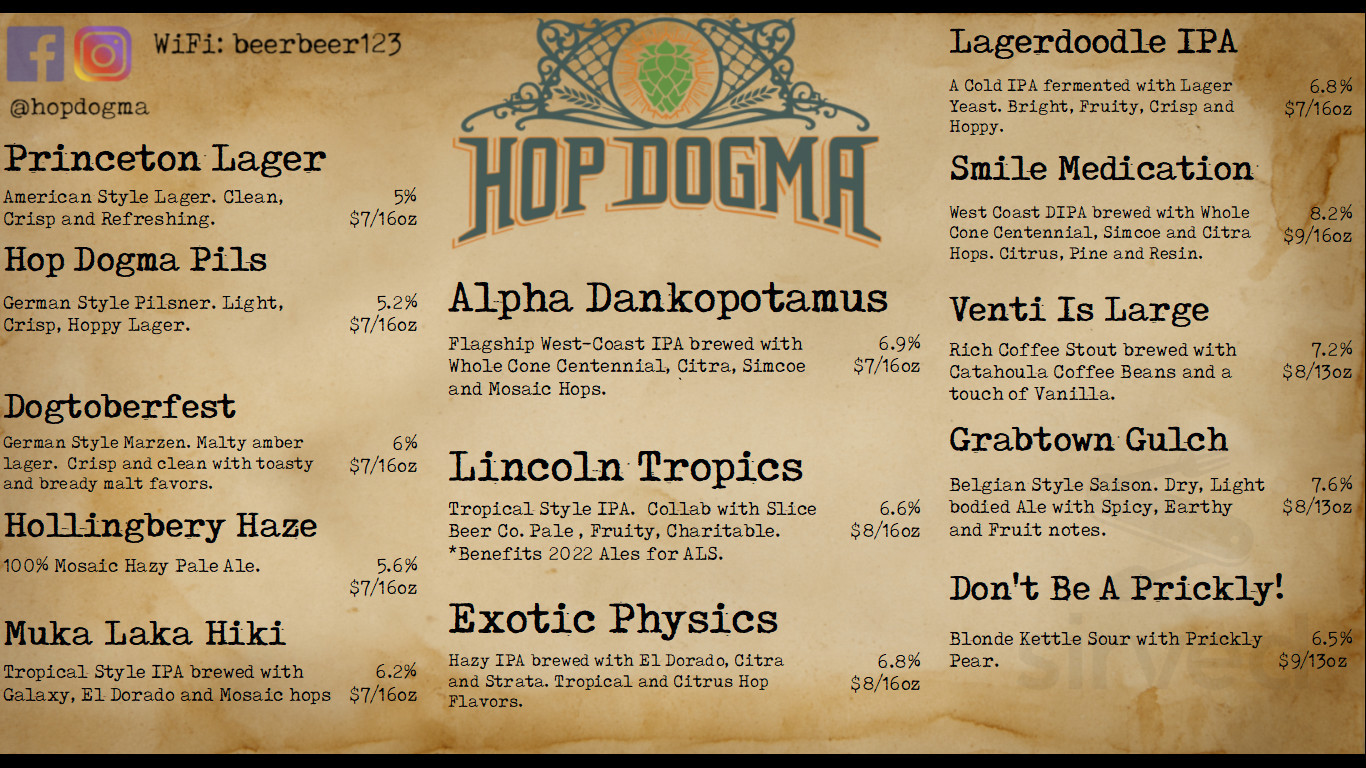 Hop Dogma Brewing Co. menu in Half Moon Bay, California, USA