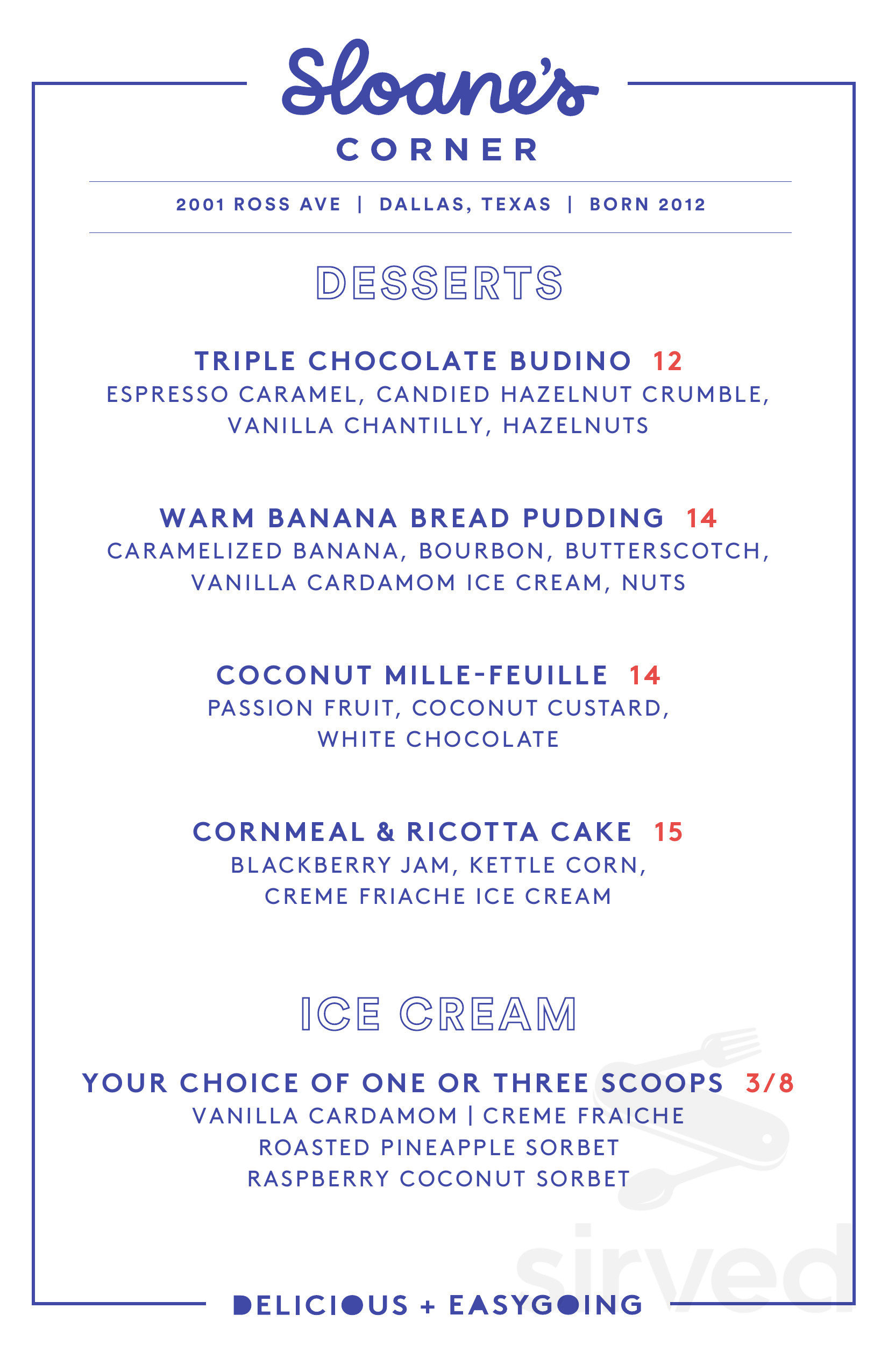 Sloane's Corner menu in Dallas, Texas, USA