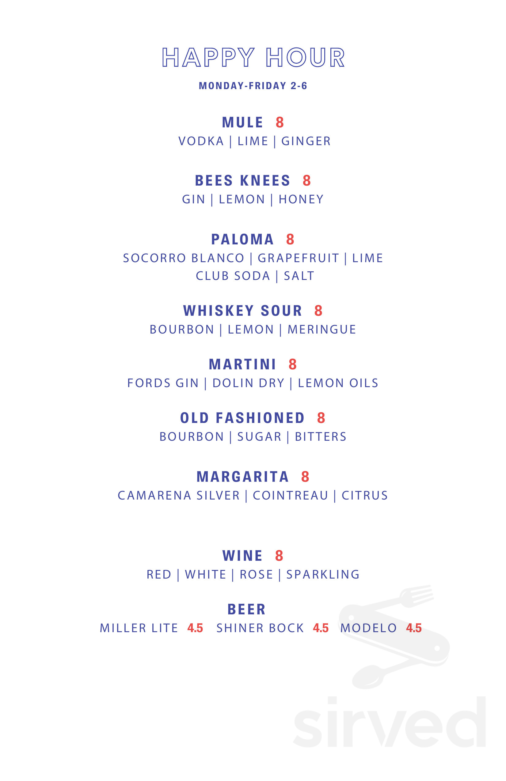 Sloane's Corner menu in Dallas, Texas, USA