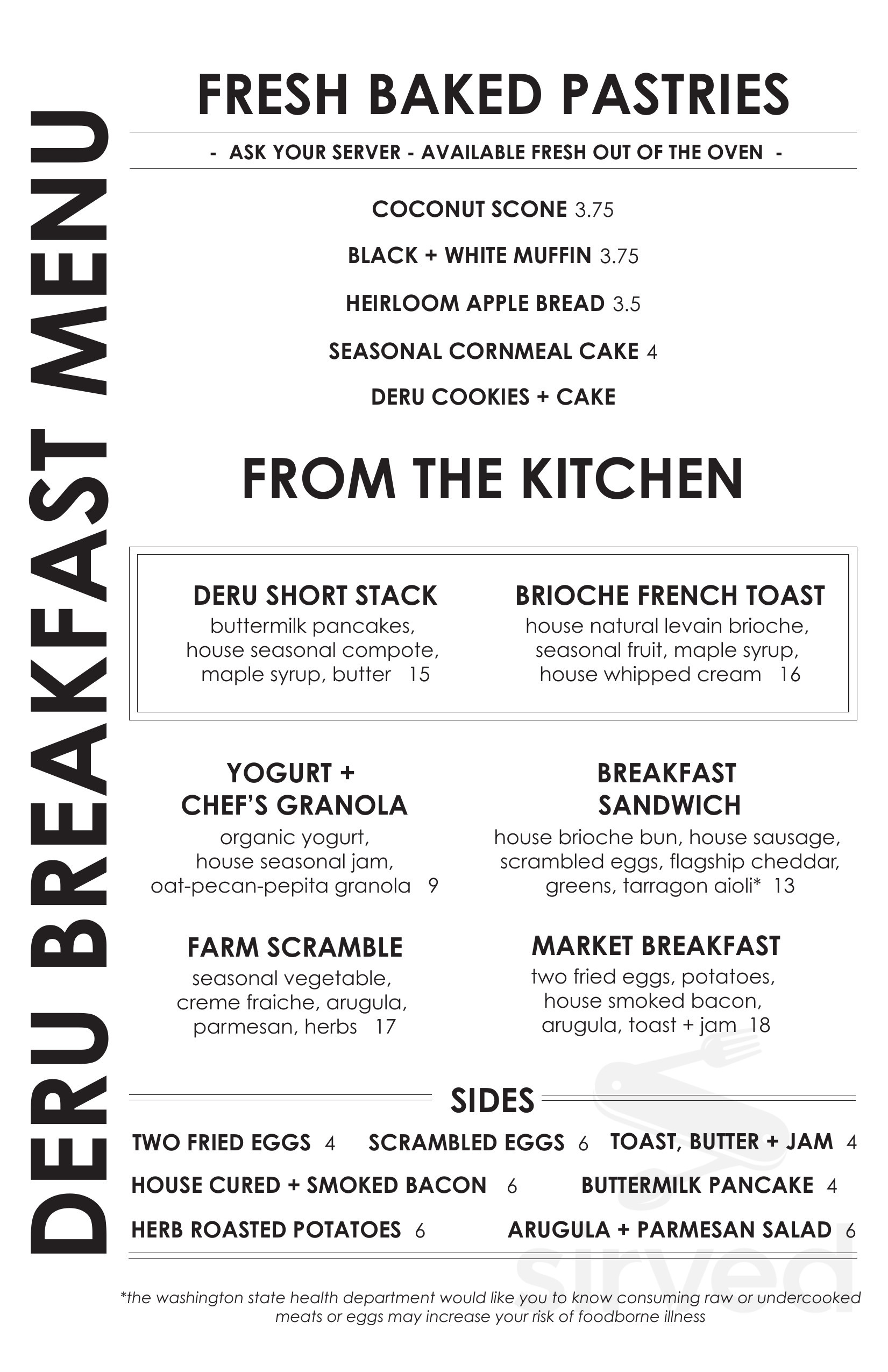 DERU menu in Kirkland, Washington, USA