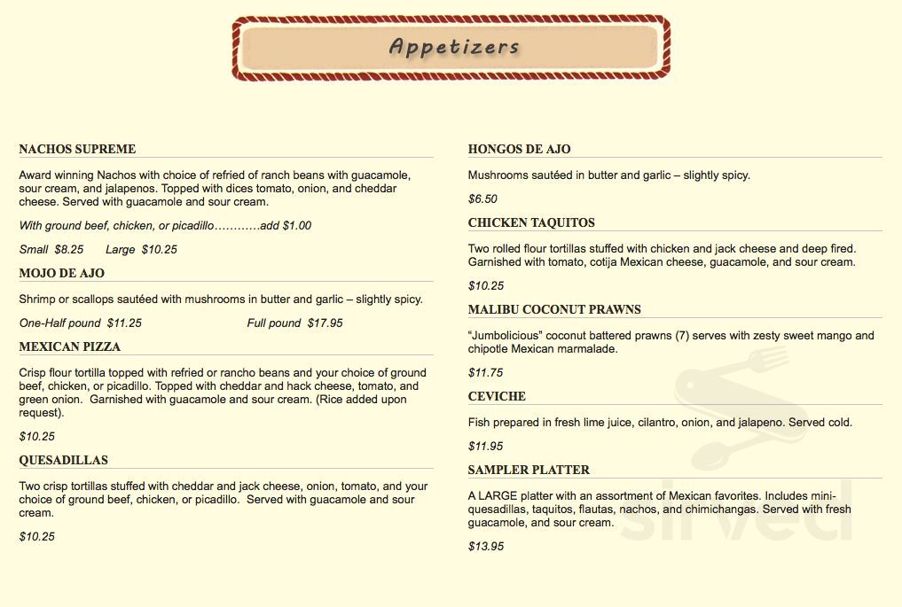 2 Margaritas Family Restaurant menu in Allyn, Washington, USA