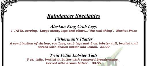 Menu for Raindancer Restaurant in Amsterdam, NY | Sirved