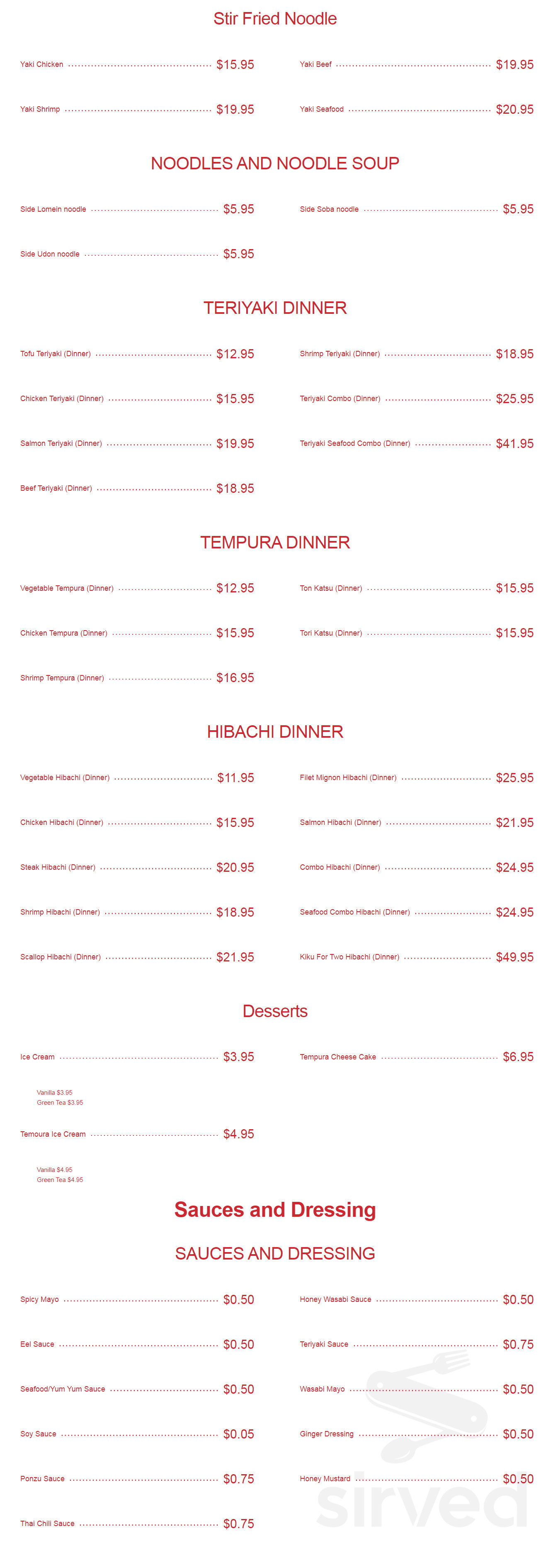 Menu for Kiku Japanese Fusion- Ocala Rd in Tallahassee, Florida, United ...