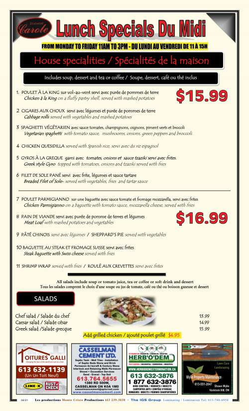 Carole's Restaurant Hawkesbury menu in Hawkesbury, Ontario, Canada
