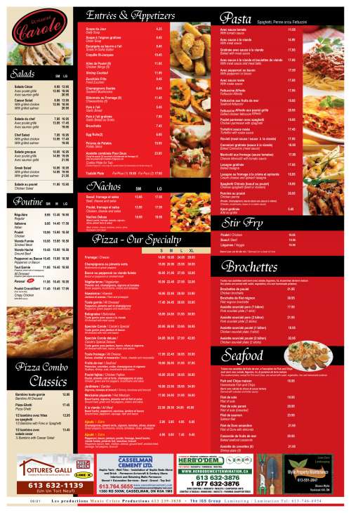 Carole's Restaurant Hawkesbury menu in Hawkesbury, Ontario, Canada