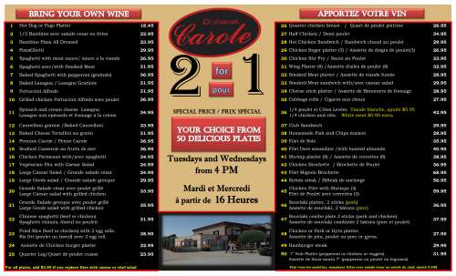 Carole's Restaurant Hawkesbury menu in Hawkesbury, Ontario, Canada