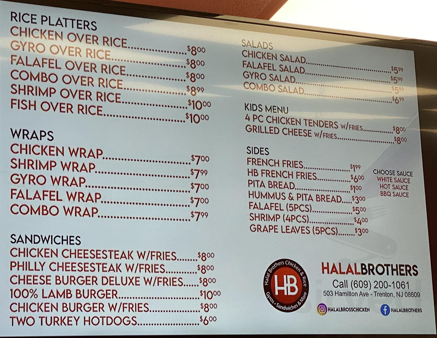 Halal Brothers menu in Trenton, New Jersey, USA