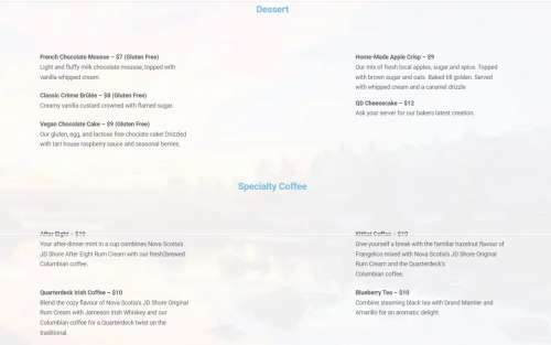 The Quarterdeck Resort menu in Port Mouton, Nova Scotia, Canada