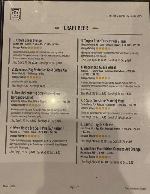 Exit One Taproom menu in Florida City, Florida, USA
