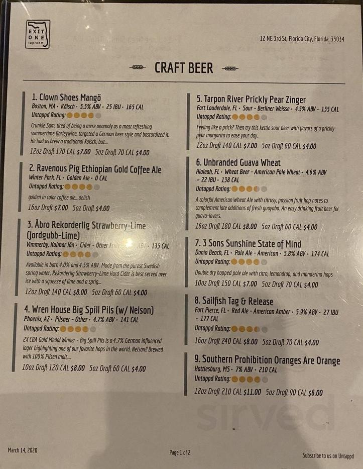 Exit One Taproom menu in Florida City, Florida, USA
