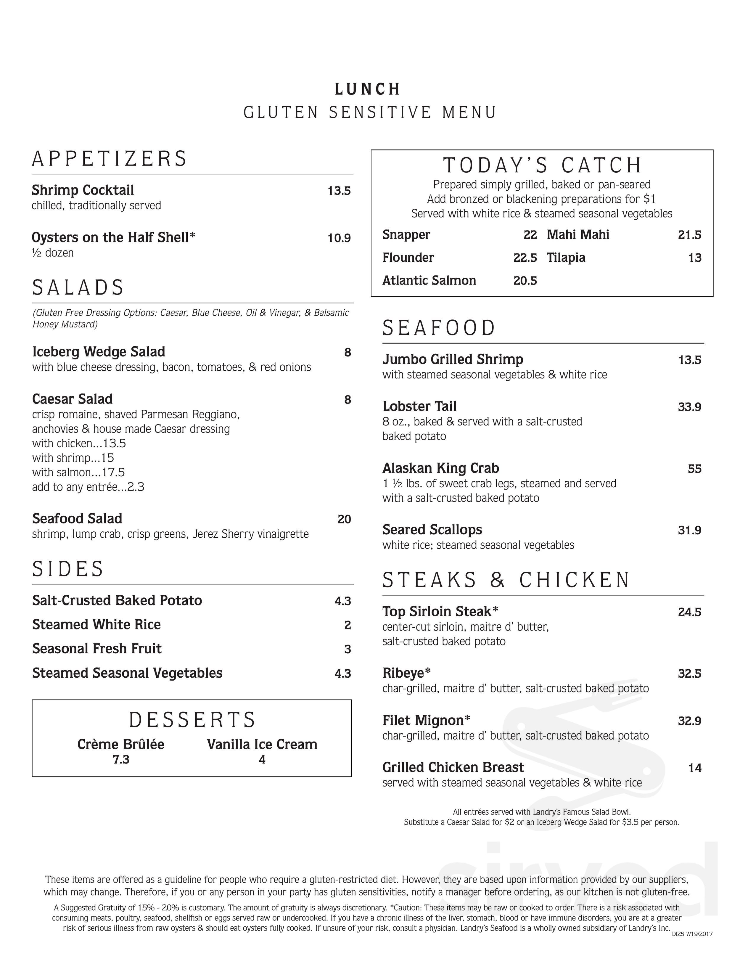 Landry's Seafood House menu in Lake Charles, Louisiana, USA