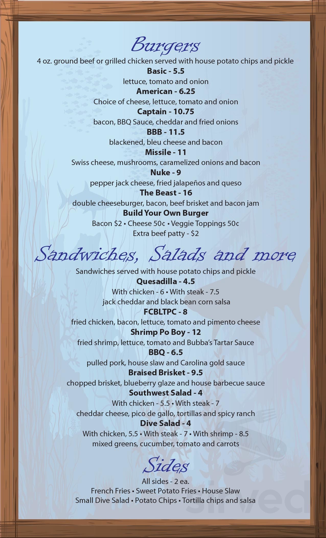 The Dive Bar & Grill menu in Goose Creek, South Carolina, USA
