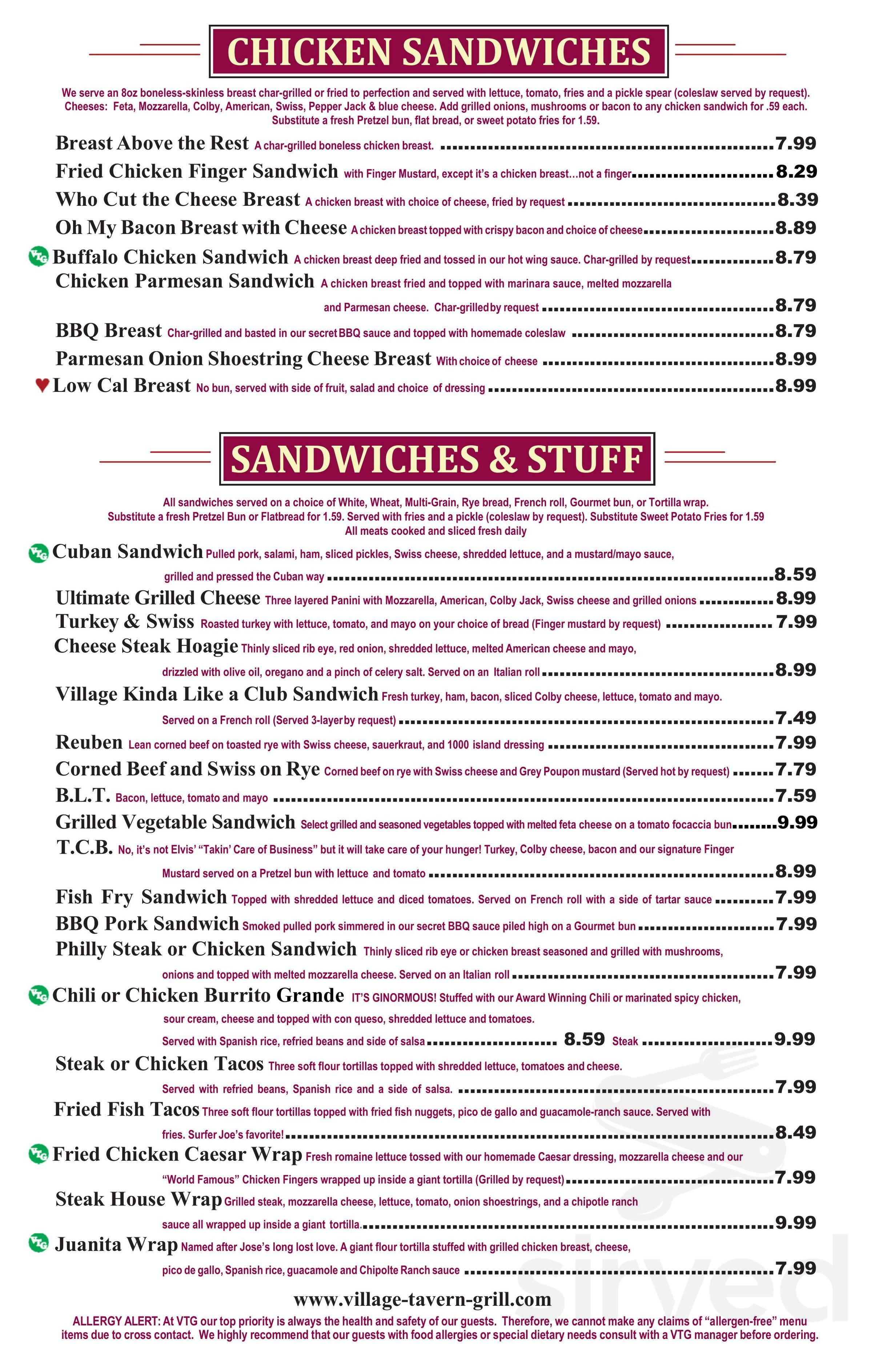 Village Tavern & Grill menu in Schaumburg, Illinois, USA