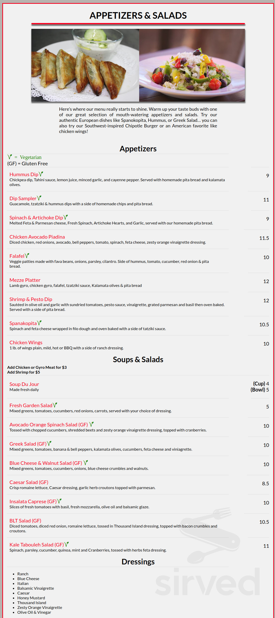 Euro Pizza Cafe menu in Fountain Hills, Arizona, USA