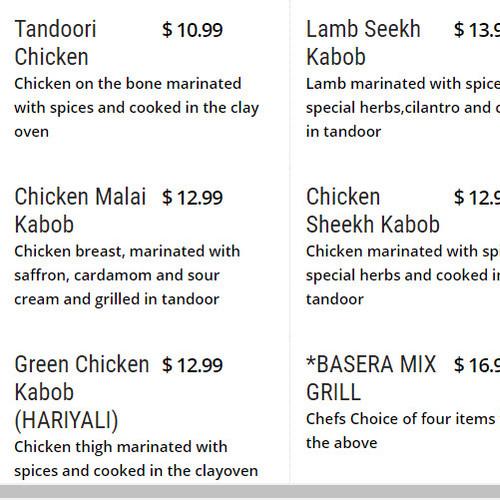 Basera Indian Cuisine menu in Plano, Texas, USA