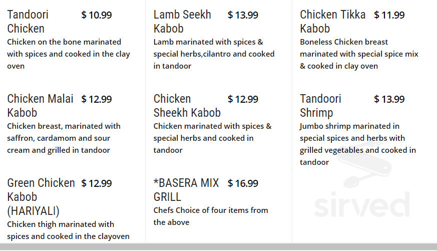 Basera Indian Cuisine menu in Plano, Texas, USA