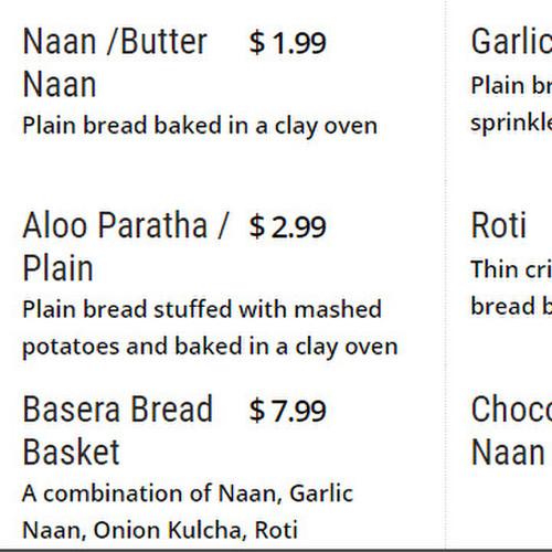 Basera Indian Cuisine menu in Plano, Texas, USA