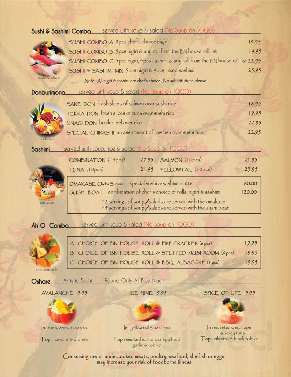 Blue Nami menu in Roseville, California, USA