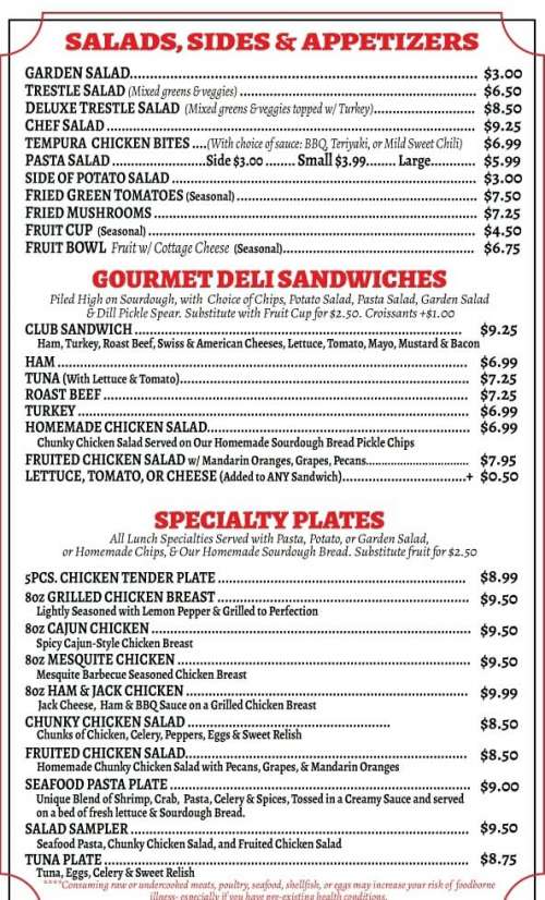 Trestle Resturant menu in Conway, South Carolina, USA