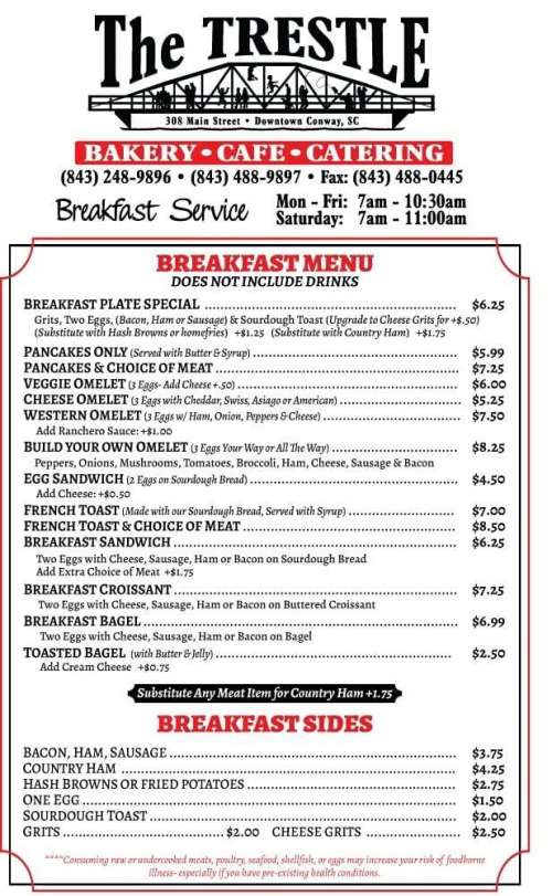 Trestle Resturant menu in Conway, South Carolina, USA