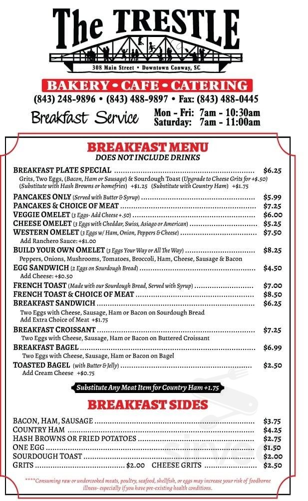 Trestle Resturant menu in Conway, South Carolina, USA