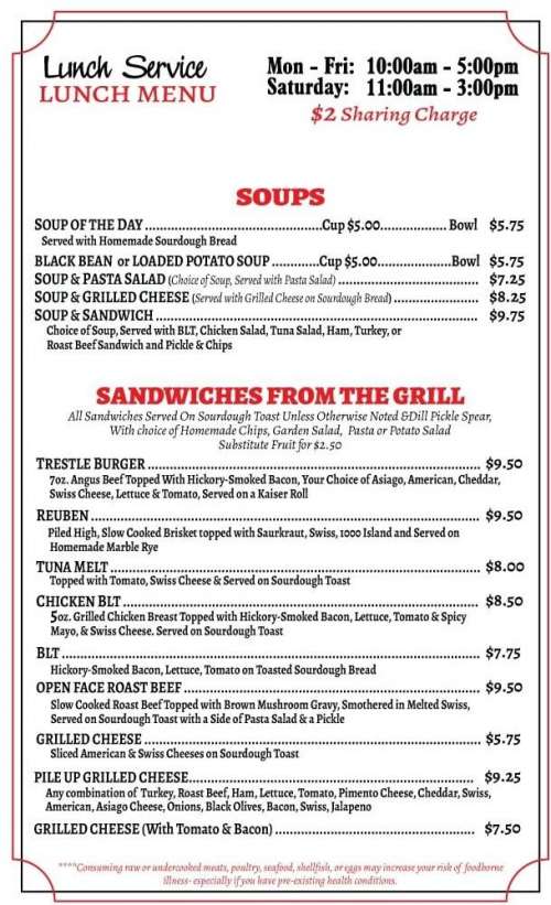 Trestle Resturant menu in Conway, South Carolina, USA