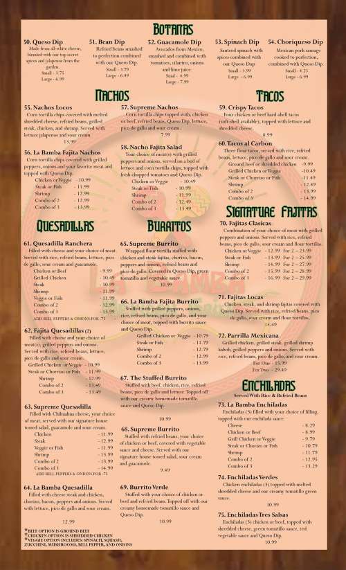 La Bamba Mexican Grill menu in Tuscaloosa, Alabama, USA