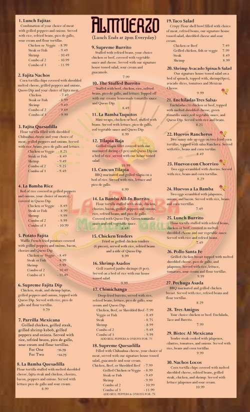 La Bamba Mexican Grill menu in Tuscaloosa, Alabama, USA