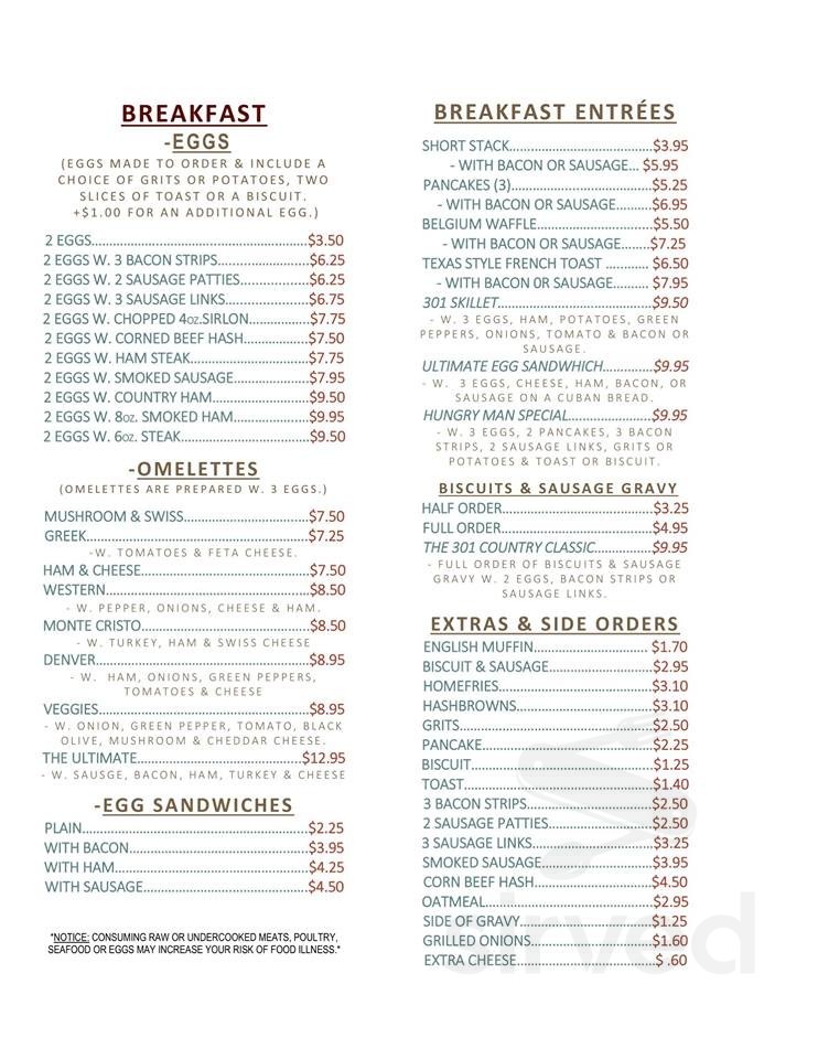 301 Family Restaurant menu in Tampa, Florida, USA