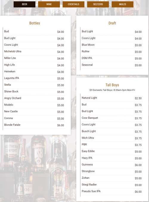 Beaver Tap menu in Des Moines, Iowa, USA