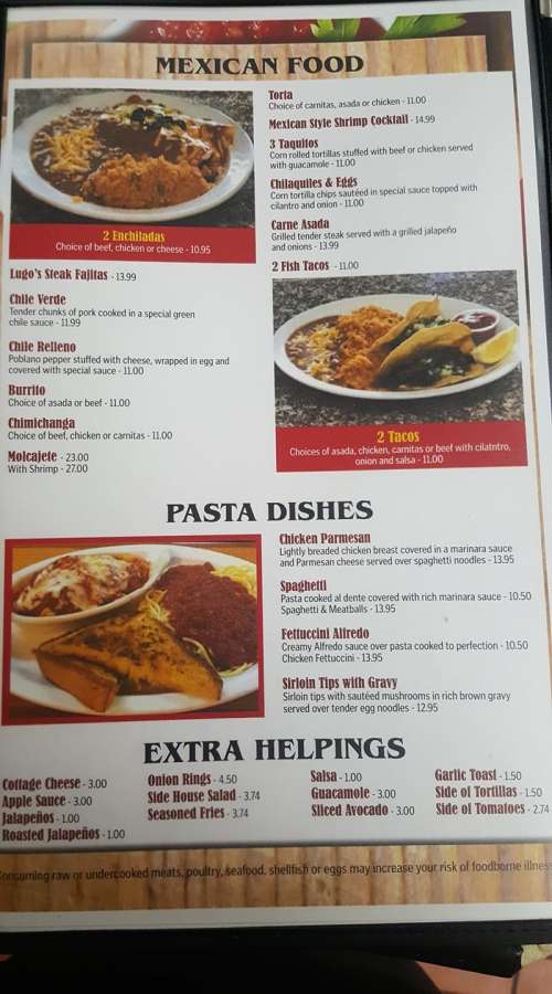 Lugo's Grill menu in Ridgecrest, California, USA