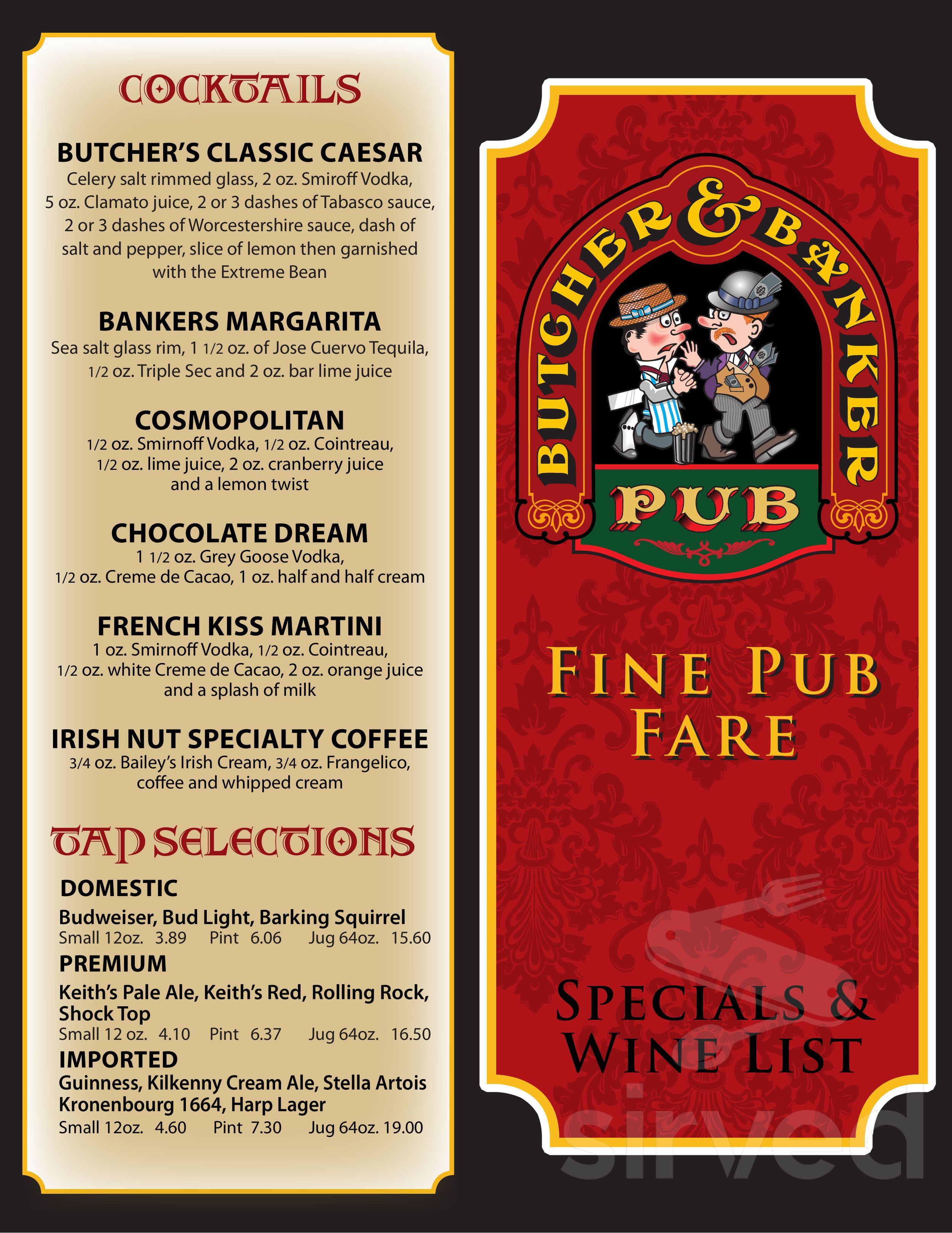 The Butcher & Banker Pub menu in Beamsville, Ontario, Canada