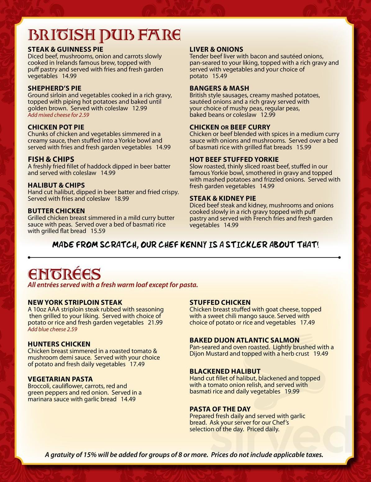 The Butcher & Banker Pub menu in Beamsville, Ontario, Canada