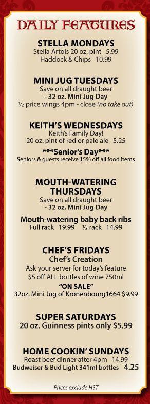 The Butcher & Banker Pub menu in Beamsville, Ontario, Canada