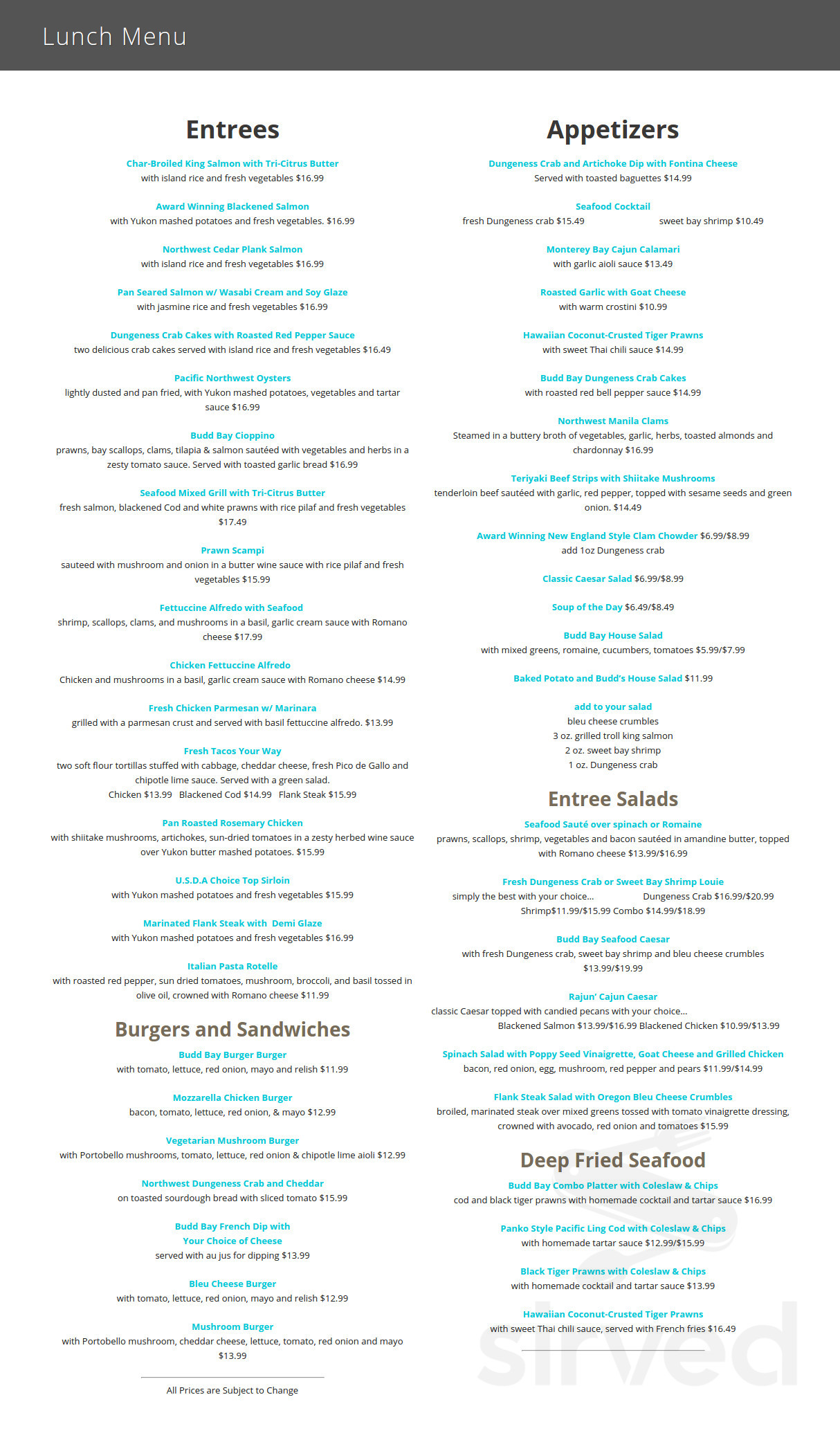 Budd Bay Cafe menu in Olympia, Washington, USA