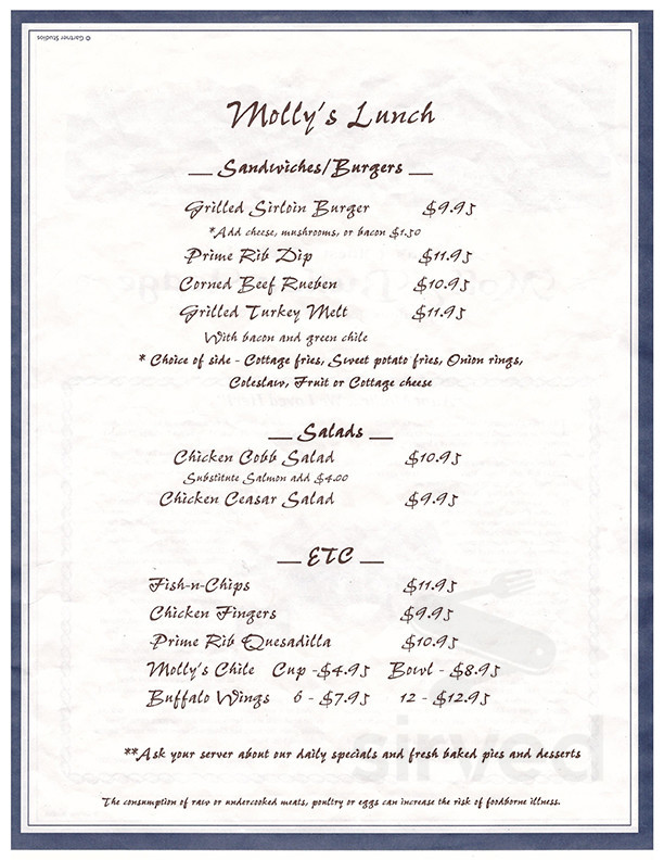Menu for Molly Butler Lodge & Restaurant in Greer, AZ | Sirved