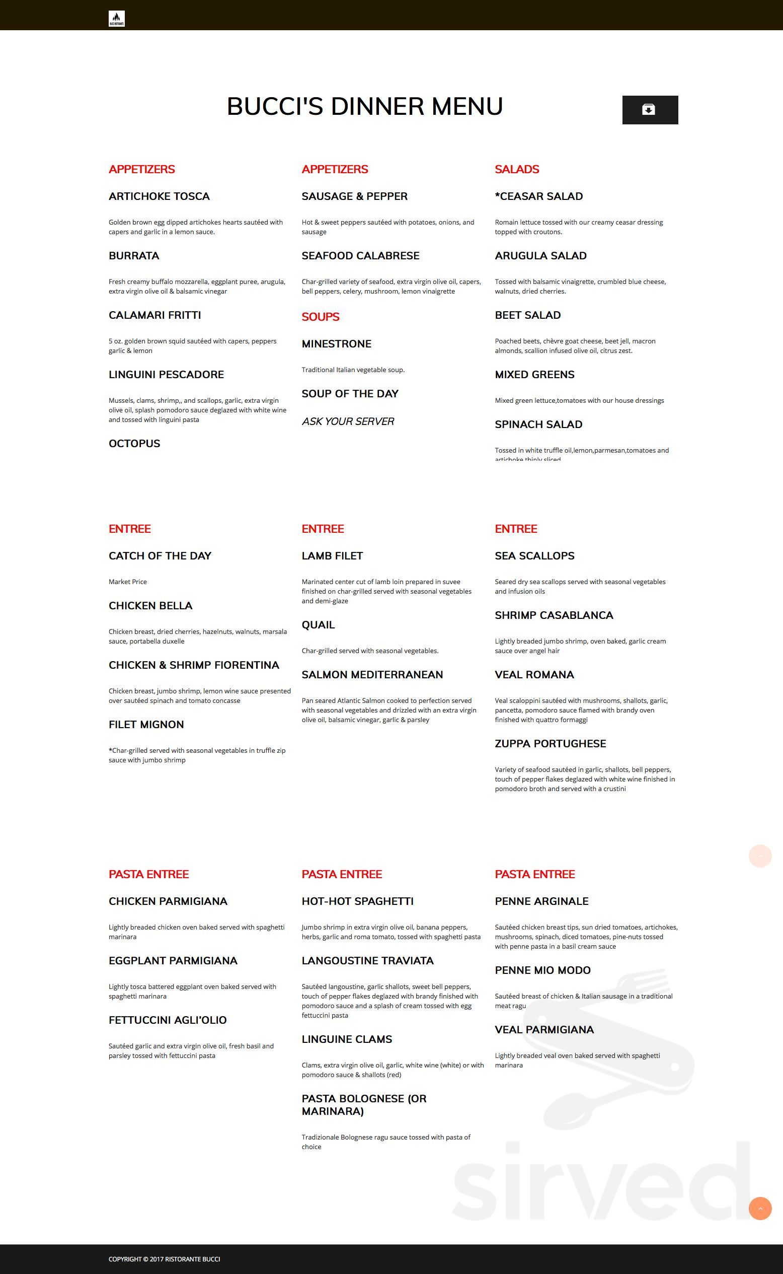 Menu for Bucci in Grosse Pointe Woods, MI | Sirved