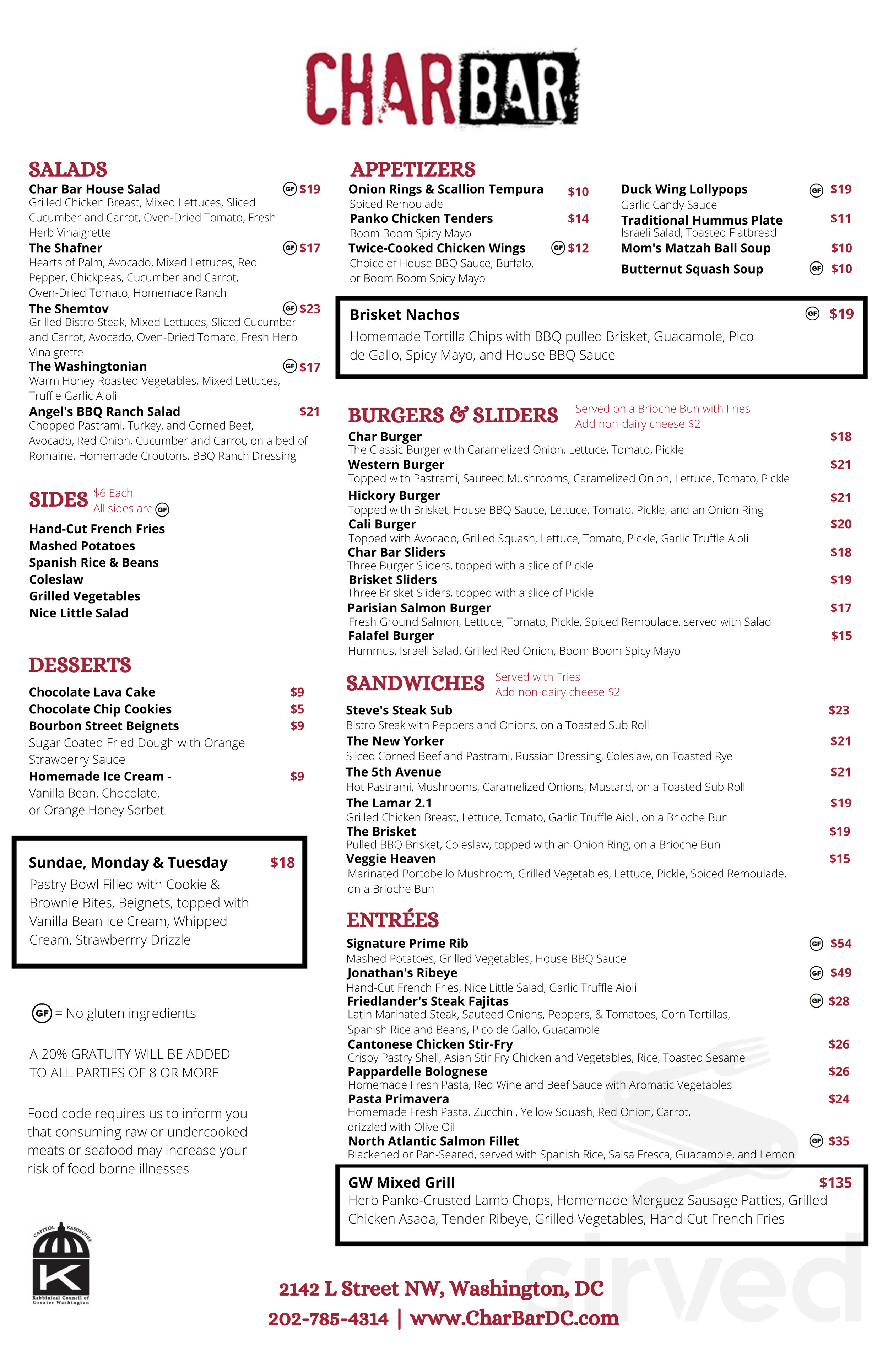 Char Bar menus in 2142 L St NW, Washington, United States