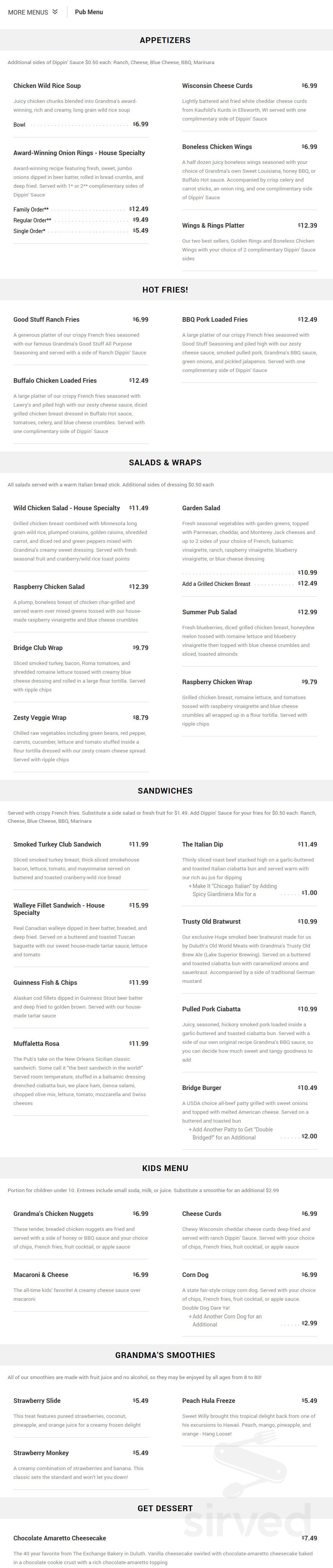 Grandma's Saloon & Grill Miller Hill menus in Duluth, Minnesota, United ...