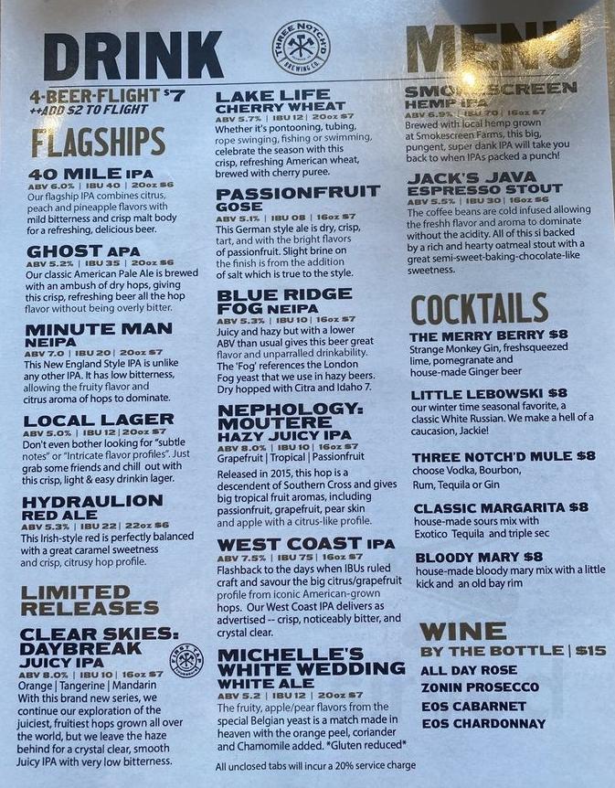 Three Notch'd Craft Kitchen and Brewery - Roanoke menu in Roanoke ...