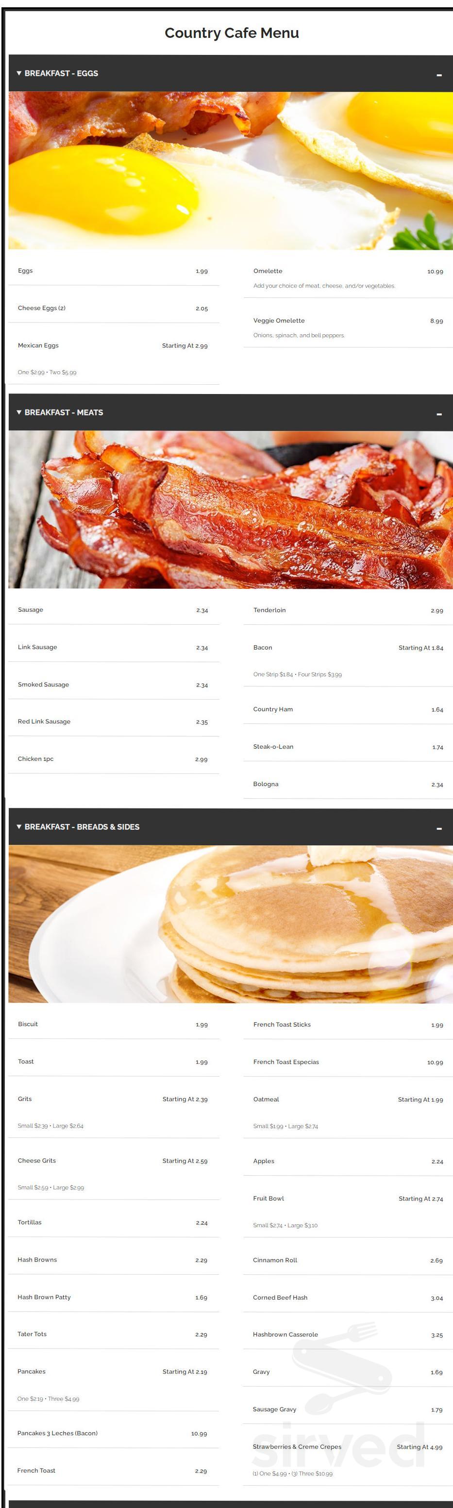Country Cafe menu in Dawsonville, Georgia, USA