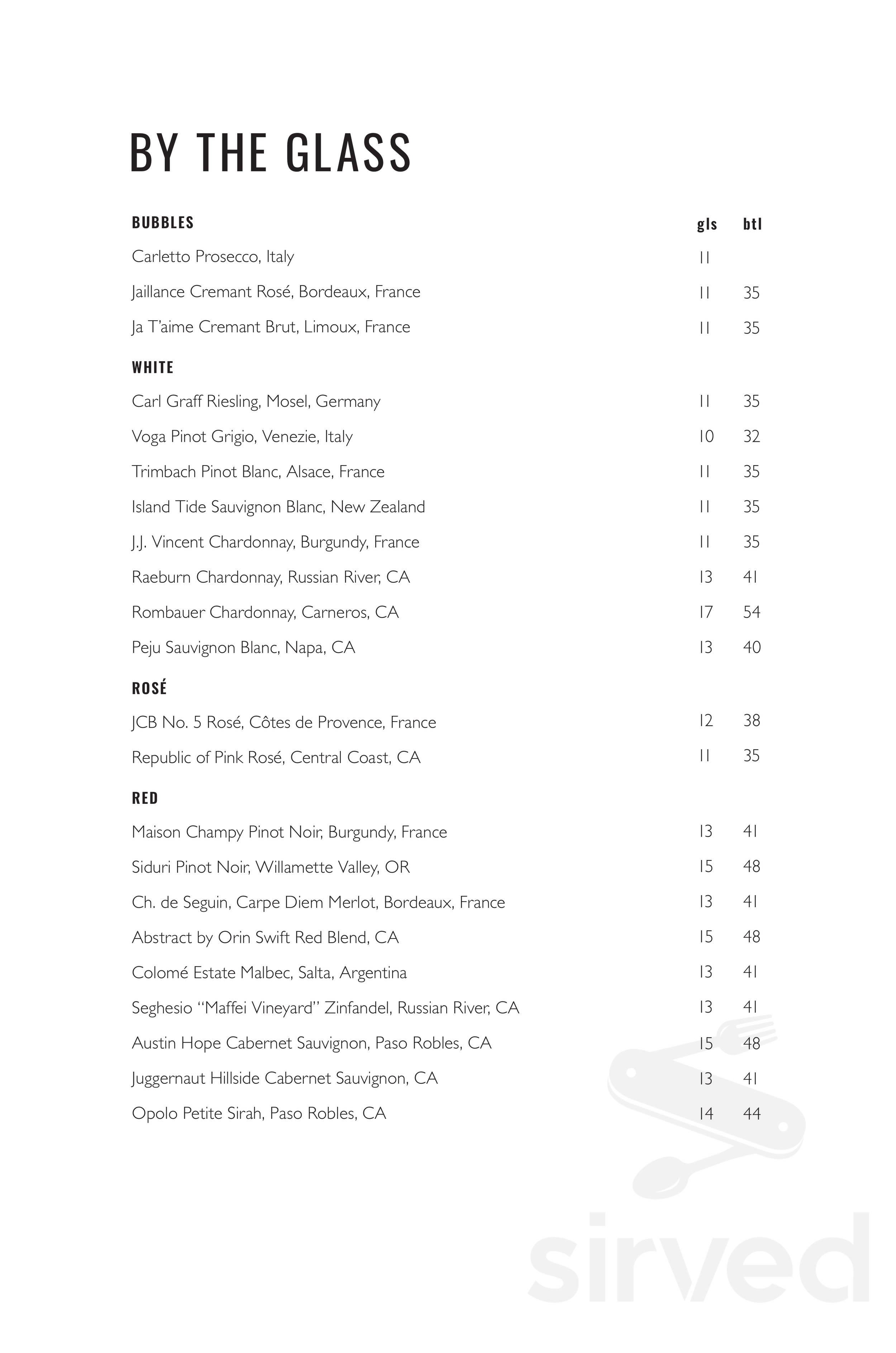 Bardot menu in Claremont, California, USA